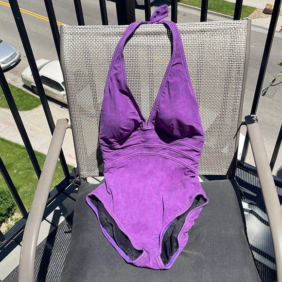 Swim | Ultra Suede One Piece Purple Swim Suit Large With Stretch Great ...